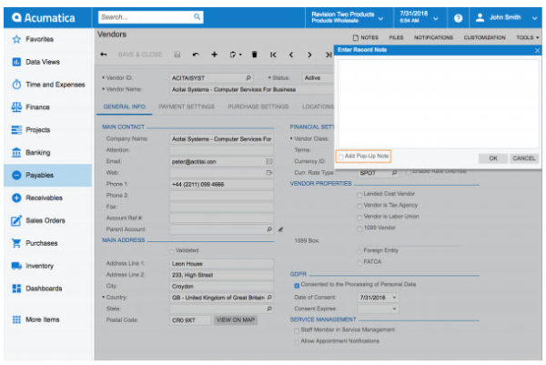 Acumatica 2018 R2 Pop Up Notes - SWK Technologies, Inc.